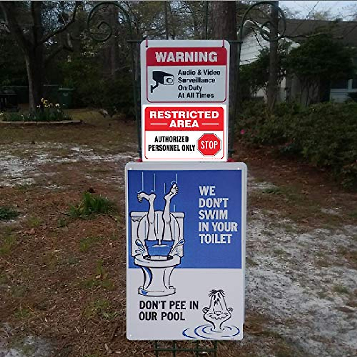 Monifith Funny Design Metal Sign Don't Pee in Our Pool Signs We Don't Swim in Your Toilet for Swimming Pool 8X12 Inch