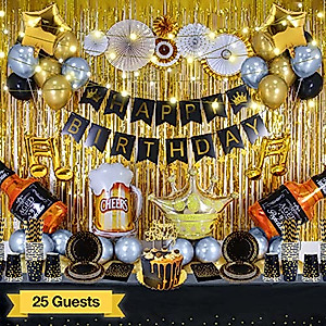 177 PC Adult Birthday Party Decorations Kit for Men & Women - Happy Birthday Banners Curtains Tablecloth Balloons Cake Topper Black and Gold Party Supplies Plates Cups Napkins Straws - 25 Guest & More