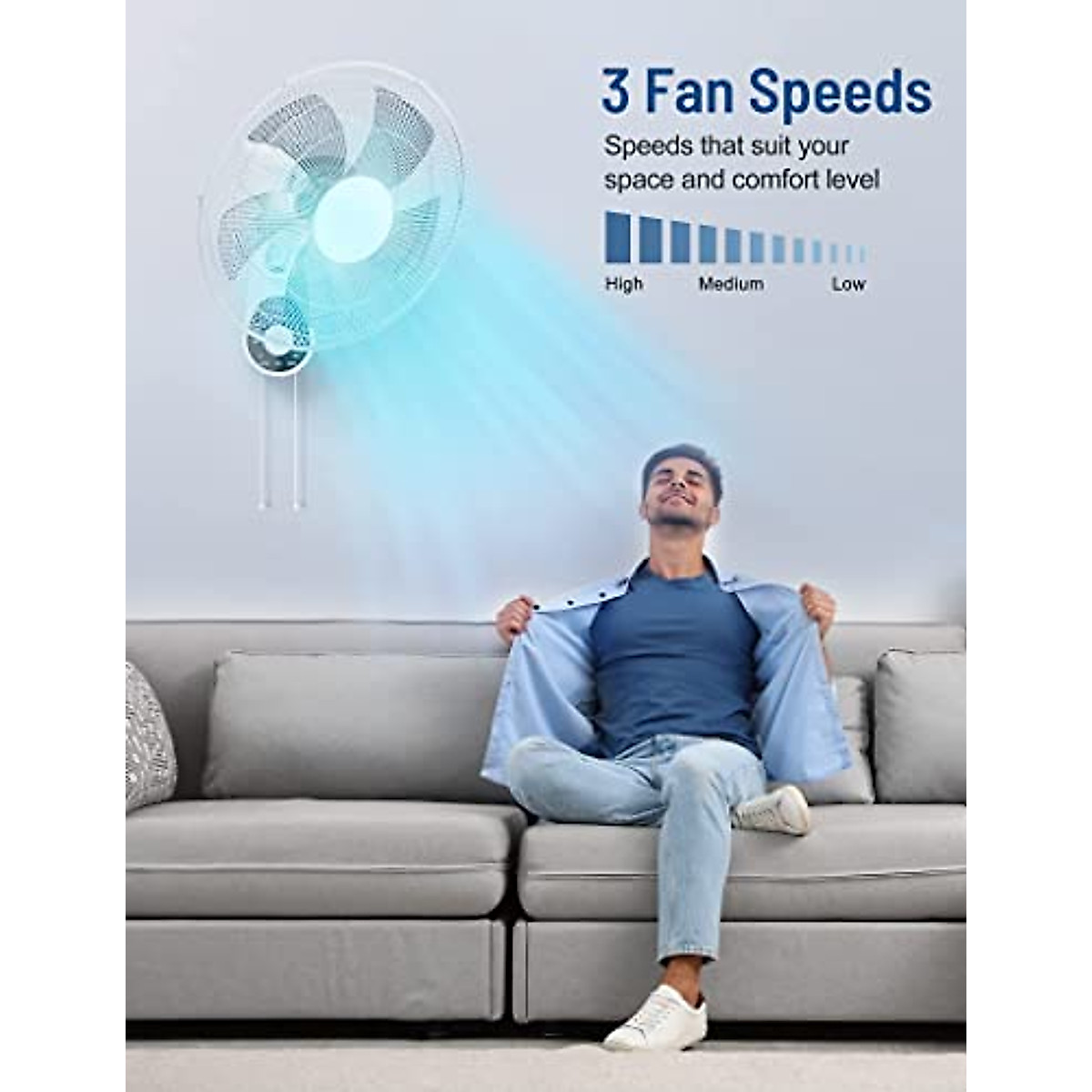 Mirdred Wall Mount Fans for Home Bedroom, 16 Inch 5 Blades 3 Speeds Wall Fans that Blow Cold Air, 90° Oscillating Quiet Cooling Fans for Indoors Kitchen Garage Office Sunshine Room