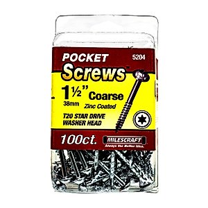 Milescraft 5204 Wood Pocket Hole Screws - #7 x 1-1/2" Washer Head with Coarse Thread (100pc.), Torx Drive Self-Tapping, for Indoor Use