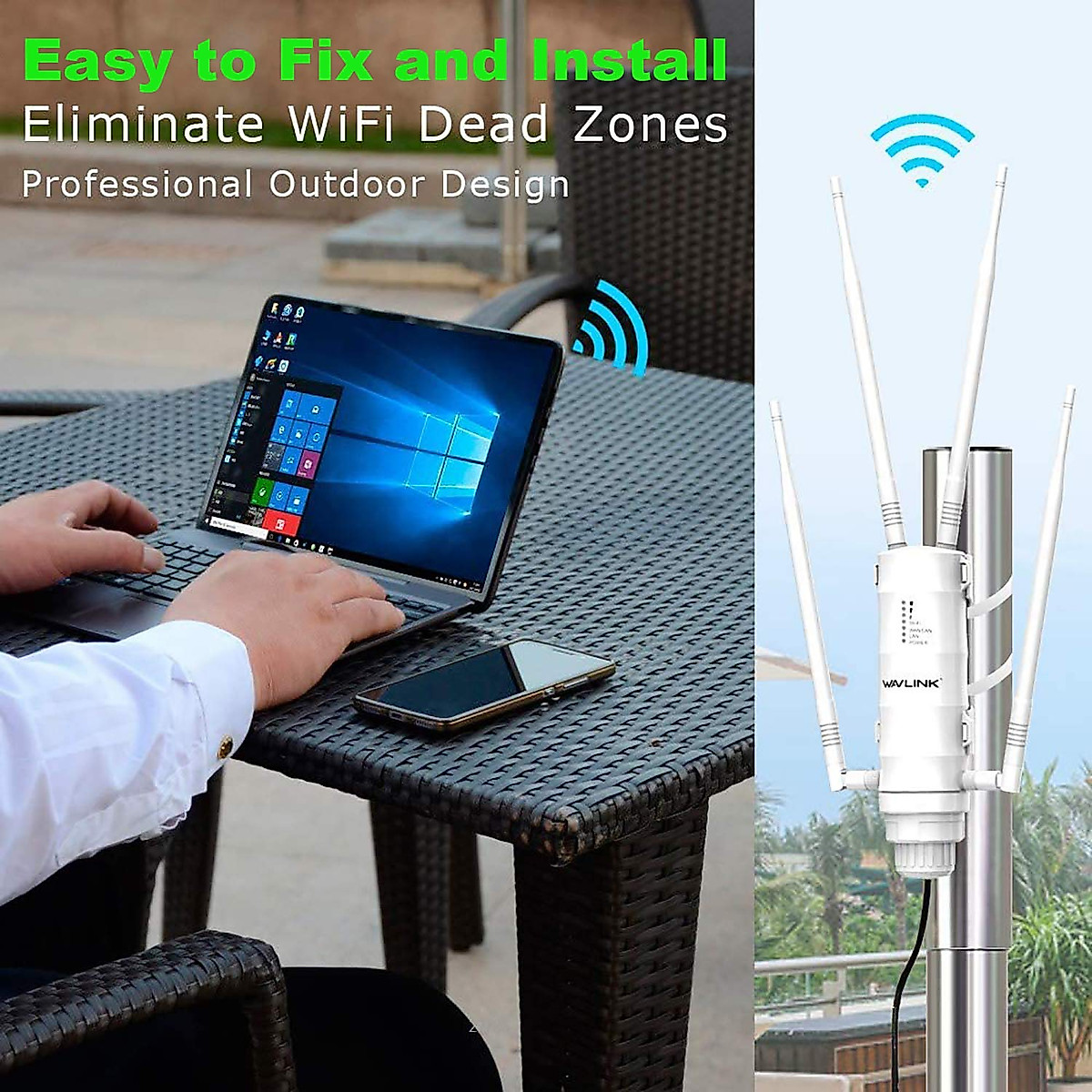 AC1200 Dual Band 2.4+5GHz 1200Mbps Long Range Outdoor WiFi Mesh Extender with Ethernet Port & 4 Antennas, Weatherproof Outside Access Point (AP)/Wireless Repeater/Signal Booster Amplifier (WN572HP3)