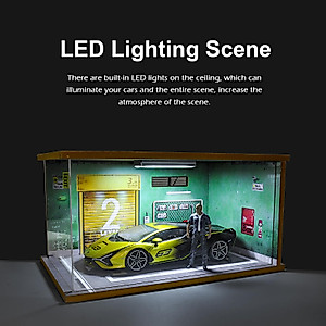 cxiiuui 1/18 Scale Display Case Car Garage Moldel with LED Light and Acrylic Cover Wooden Diecast Car Show Case 1 Parking Spaces Green