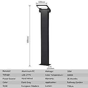Inowel Light Outdoor Pathway LED Lights Modern European Design Garden Lights Adjustable Landscape Lighting Decorative Bollard Lamp IP54 Waterproof Grey Aluminum for Walkway Patio Lawn 10W 700Lm 3000K