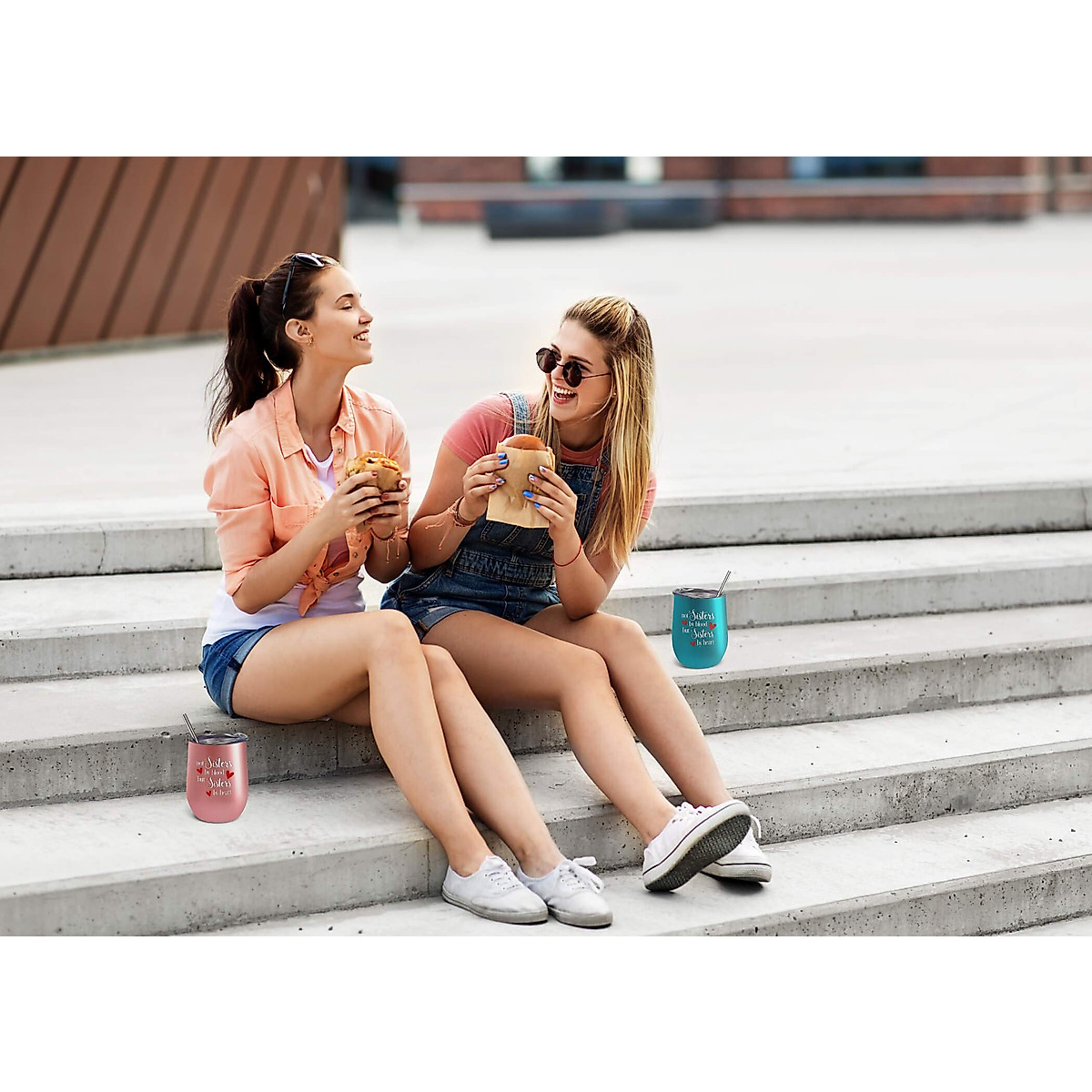 Not Sisters by Blood but Sisters by Heart, Unbiological Sister Gifts, Soul Sister Gifts, Fancyfams 12 oz Stainless Steel Wine Tumbler, Sister in Law Gifts (Turquoise)