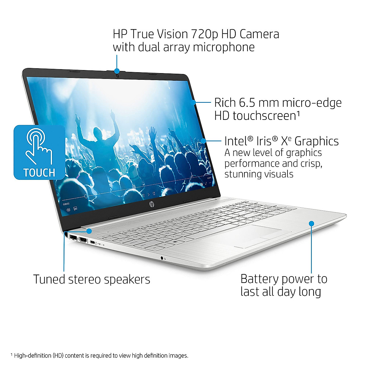 HP Newest Premium Laptop: 15.6" HD MicroEdge Touchscreen, 11th Gen Intel 4-Core i5-1135G7(Turbo Upto 4.2GHz), 12GB RAM, 1TB SSD, Iris Xe Graphics, WiFi, HDMI, Webcam, USB-C, Backlit-KYB, Win10H, TF