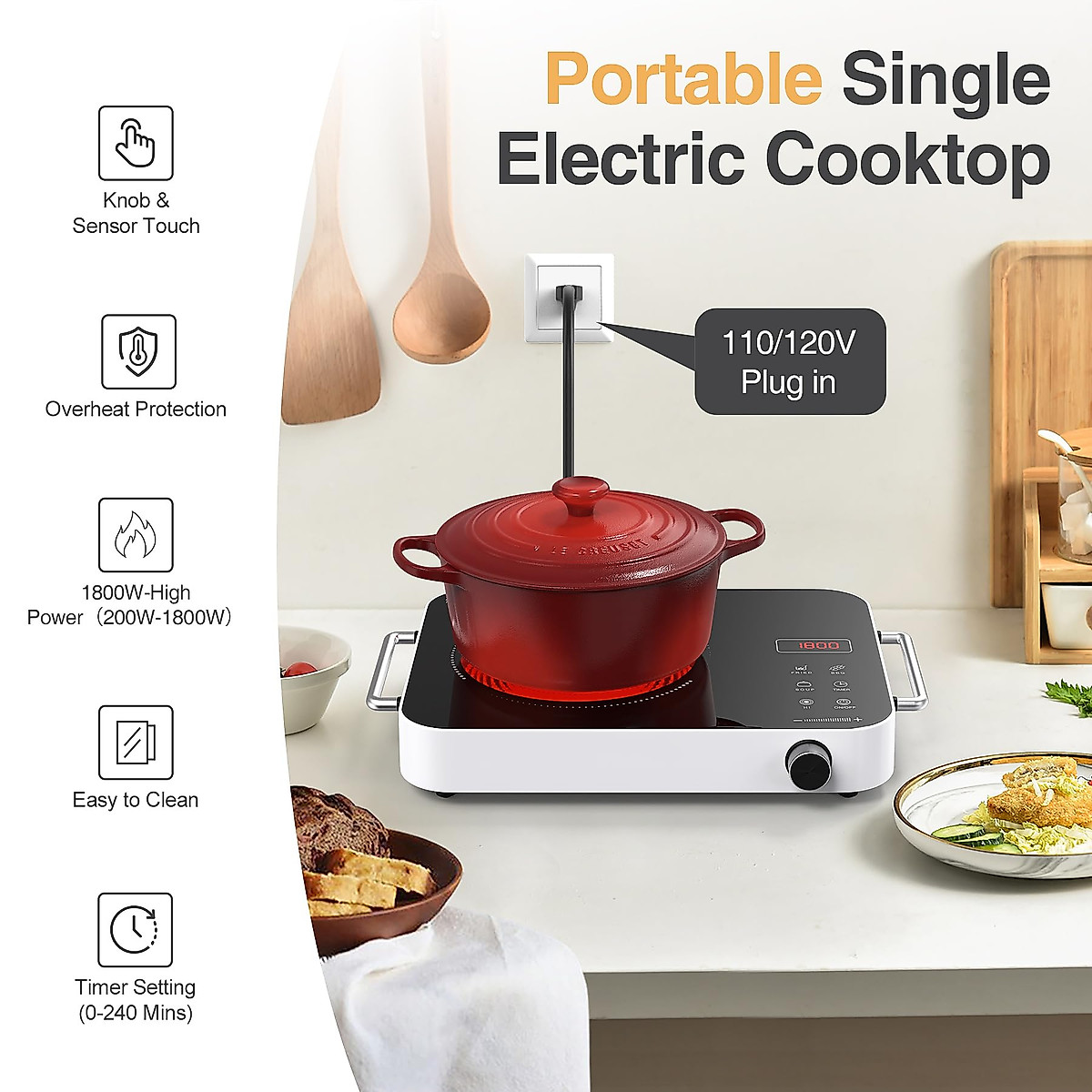 GIHETKUT Single Burner Electric Cooktop,1800W 110V Electric Stove Top with Knob Control, Portable Cooktop with 2 Handle,single burner electric stove with Double Ring Heating, 4 hours Timer