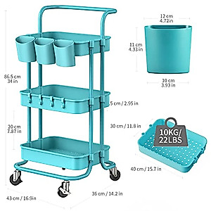 alvorog 3-Tier Rolling Utility Cart Storage Shelves Multifunction Storage Trolley Service Cart with Mesh Basket Handles and Wheels Easy Assembly for Bathroom, Kitchen, Office (Blue)