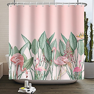 Baocicco Pink Flamingo Tropical Leaves Shower Curtain Green Plants Modern Watercolor Shower Curtains for Bathroom Home Bathtubs Waterproof Fabric Shower Curtain with Hooks 72x72 Inches