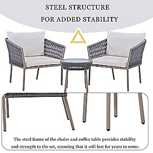 KELRIA Woven Rope Conversation Set, Rattan Couch Sofa Including 2 Single Chairs and Coffee Table, Suitable for Indoor, Outdoor, Balcony, Courtyard, Poolside, Lawn, Backyard, Gray, Gary