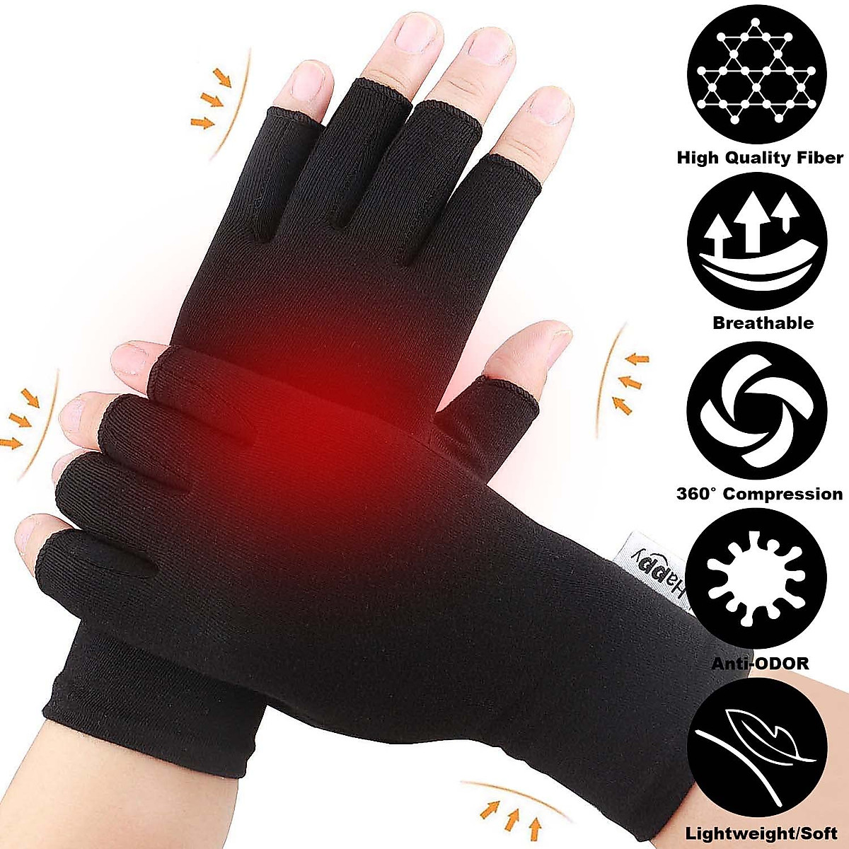 2 Pairs Arthritis Compression Gloves for Arthritis, Rheumatoid, Carpal Tunnel Pain, Driving, Typing Fingerless Gloves For Women Men, Support Hand, Wrist and Joint (Pure Black, Medium)