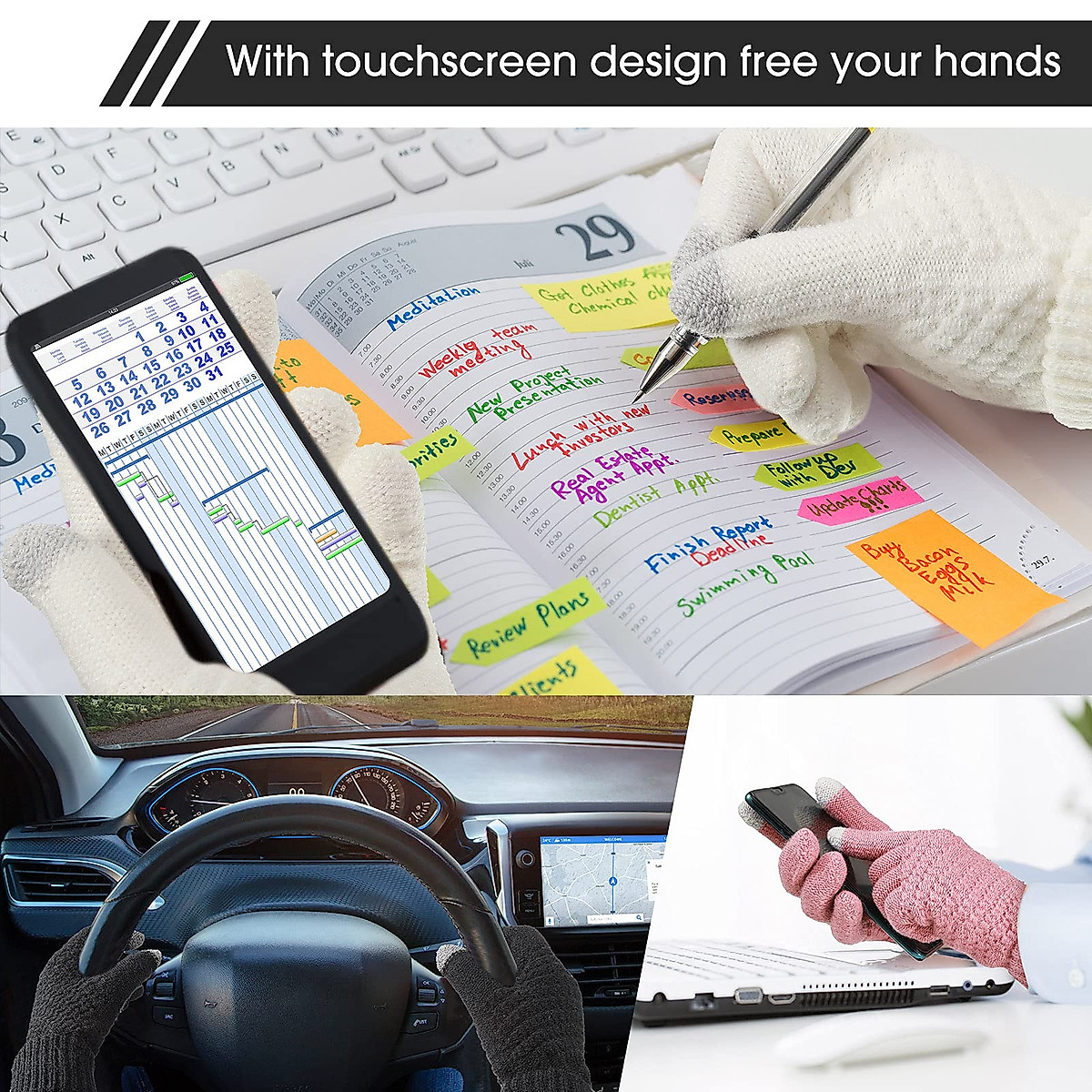 SATINIOR 6 Pieces Winter Beanie Hat Gloves Set, Knit Hat Touchscreen Gloves Soft Skull Cap Set for Women Men(Black, Pink, Apricot, White)