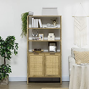HOMCOM Boho Bookshelf, Storage Cabinet with 3 Open Shelves and Natural Rattan Decor, Bookcase for Living Room, Study, Bedroom