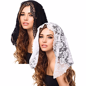 2 Pieces Floral Lace Veils Head Covering Latin Mass Mantilla Veils Short Scarf for Bridal Women (Simple Style,Medium)