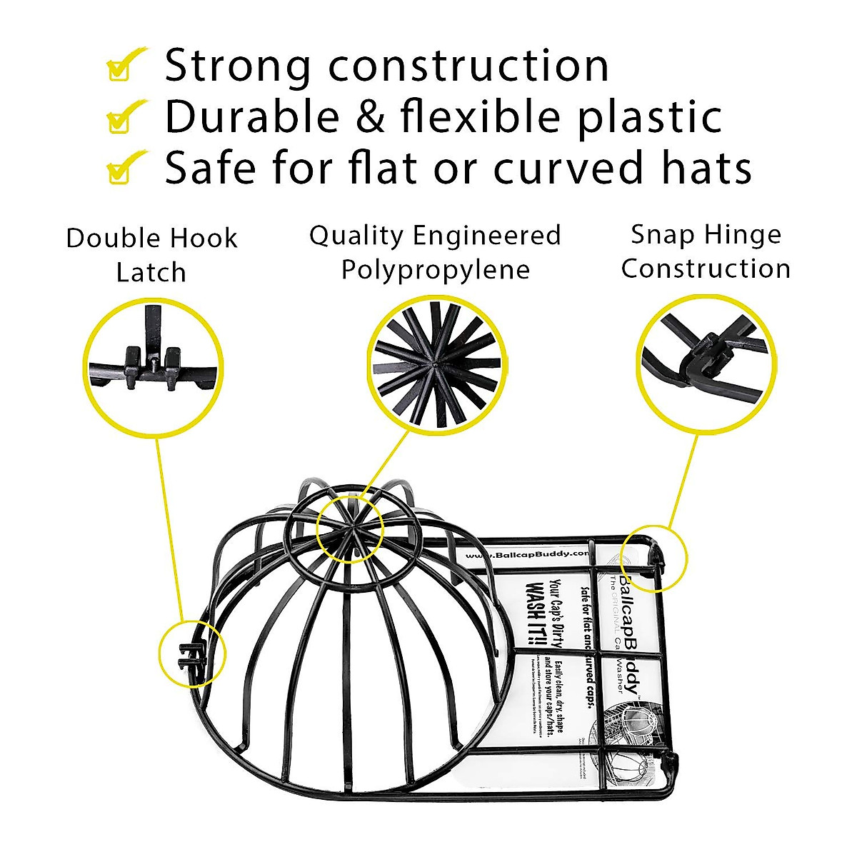 Ballcap Buddy - Original and Patented Hat Cleaner, Hat Washer for Washing Machine or Dishwasher, Cap Washer Frame for Flat & Curved Hats, Black, Made in USA
