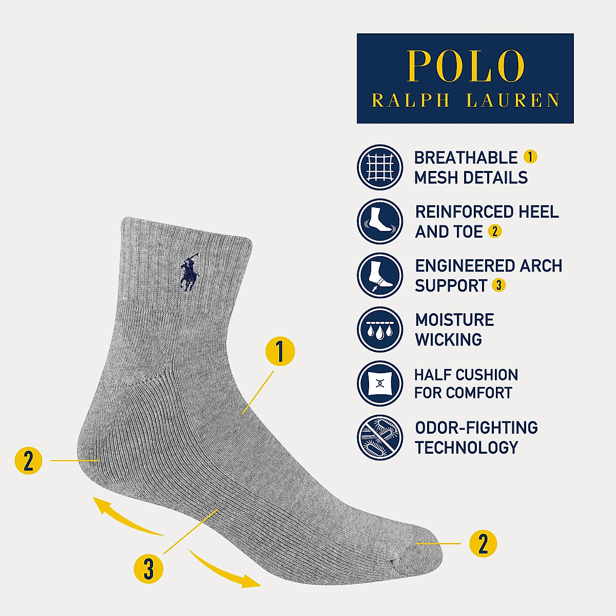 POLO RALPH LAUREN Men's Classic Sport Solid Socks 6 Pair Pack - Cushioned Cotton Comfort, Black, 6-12.5