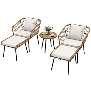 DWVO Patio Furniture Set, 5 Pieces Wicker Outdoor Patio Bistro Set with Ottomans Footrest and Side Table for Porch Balcony Yard Garden Backyard Poolside, Beige