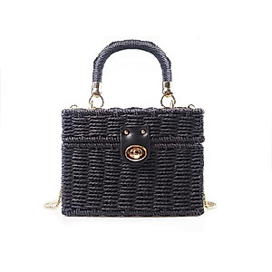 Handwoven Rattan Bag, Natural & Elegant Vintage Purse Bag Beach Sea Handbag Holiday Bag Casual Handbag (Black)