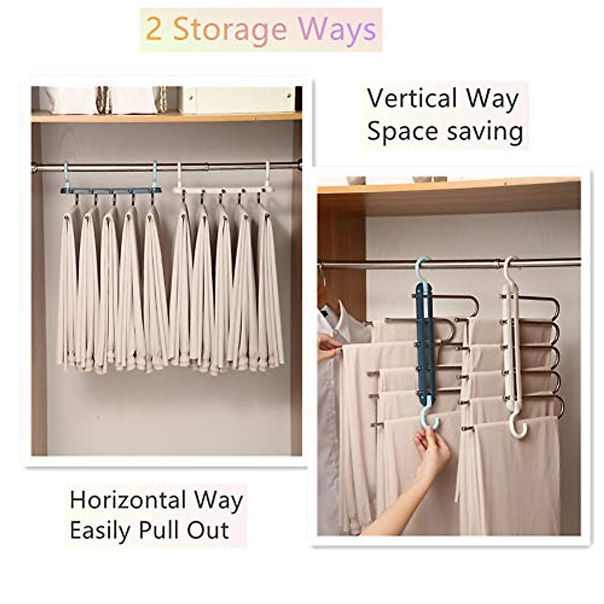 Unioax Pants Hangers Space Saving Pants Rack 5 in 1 Non-Slip Folding Trousers Hanger Multi-Functional Pants Organizer for Closet Wardrobe Scarf Jeans Ties Slacks Storage, Blue
