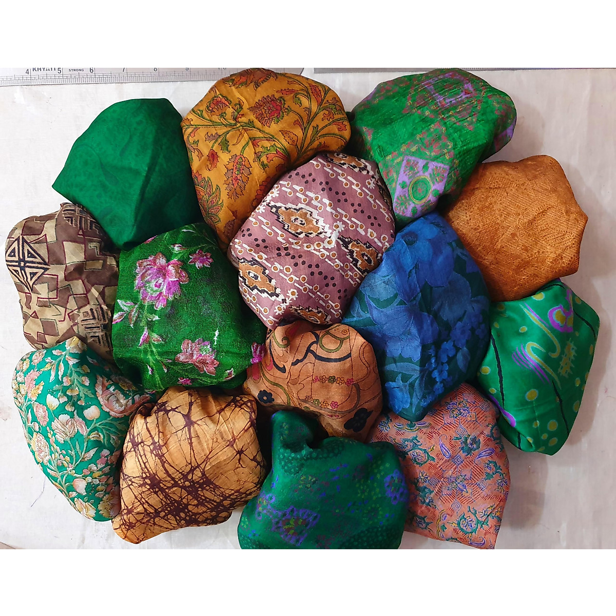 Vintage Sari Fabric 14 Pcs Brown & Green 12"*20" Silk Sari Scrap Remnants Lot for Journal Scrapbook Wrap Craft Project Jewelry Applique DIY Gift Wrap BRGR14