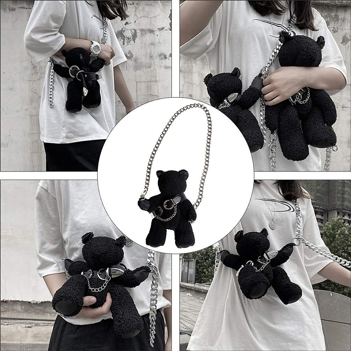 TENDYCOCO Crossbody Bag with Chain Stuffed Animal Purse Teddy Bear Purse Gothic Purse 13.3in