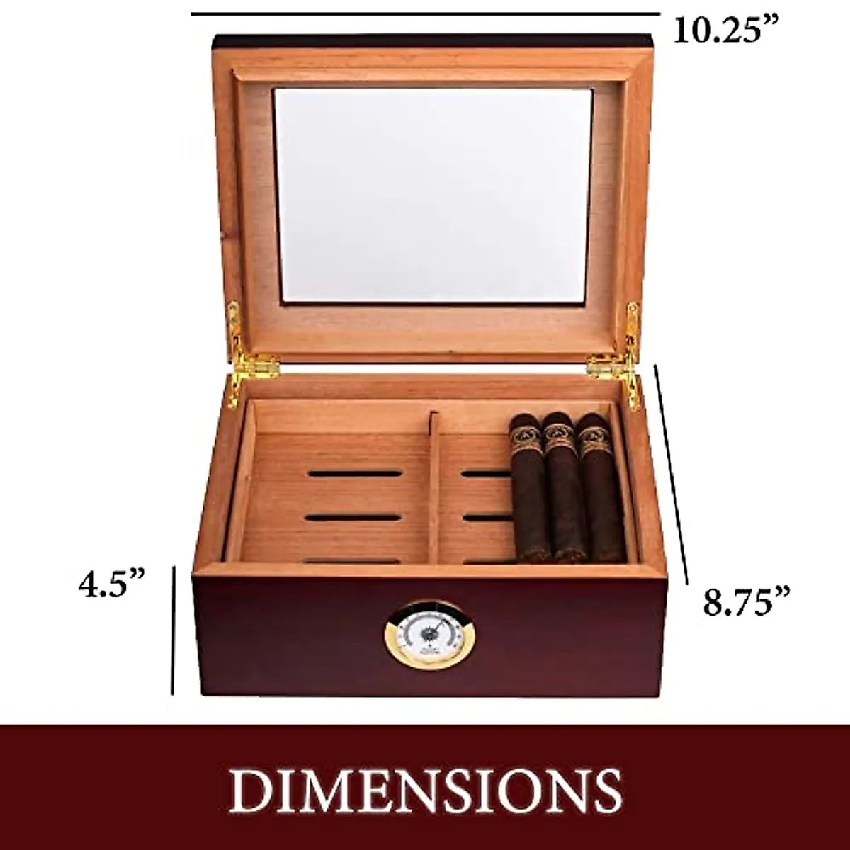 Mantello Glass Top Cigar Humidors - Humidor Cigar Box with Humidifier, Spanish Cedar Tray, Divider, and Hygrometer - Gifts for Men, Holds 25 to 50 Cigars