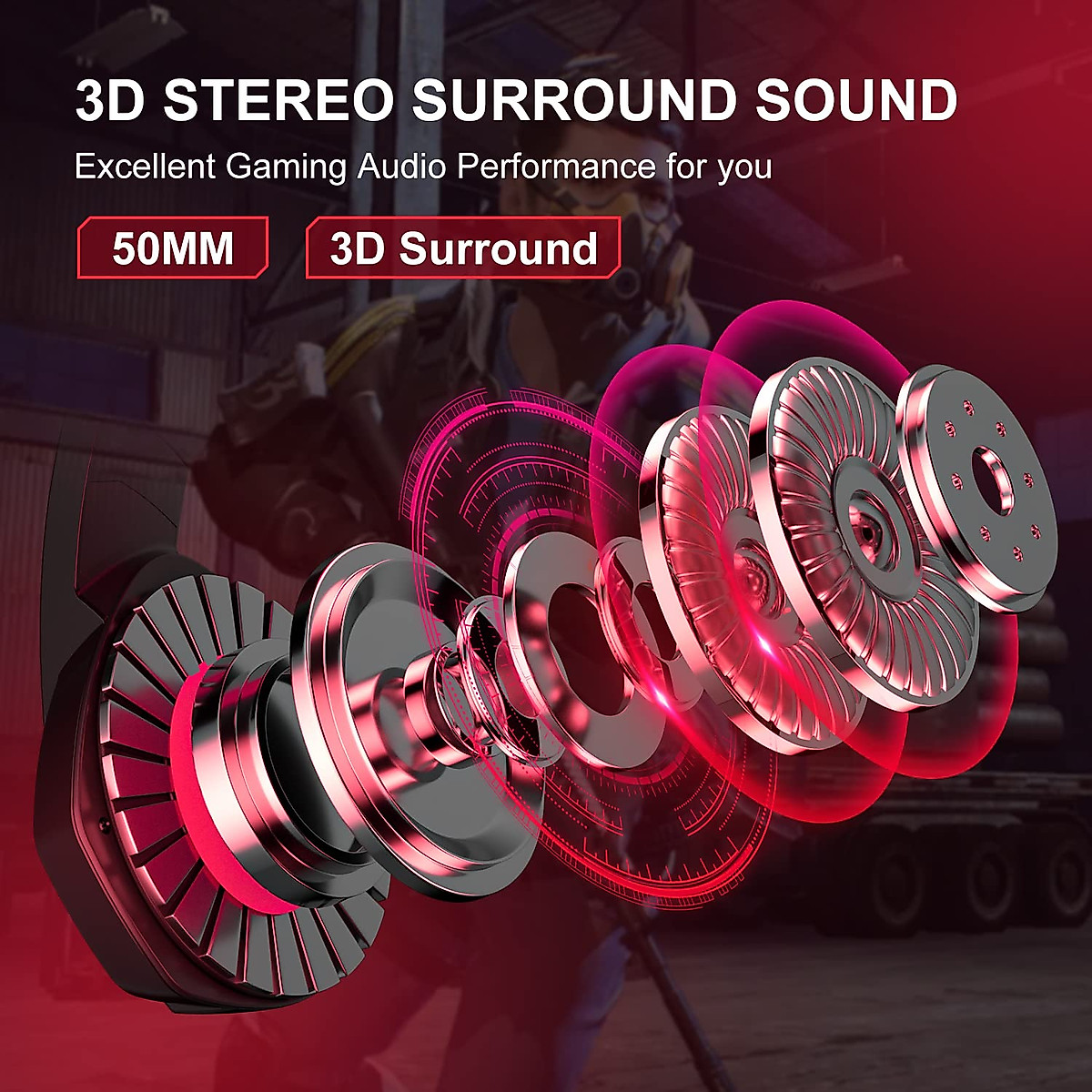 PHOINIKAS PS4 Gaming Headset with 7.1 Surround Sound, PC Headset with Noise Canceling Mic & LED Light, H3 Over Ear Headphones for Nintendo Switch, PS5, Xbox One, Laptop (Red)