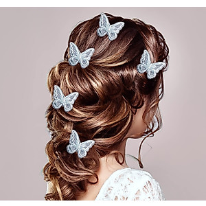 Butterfly Hair Clips Penta Angel 6Pcs Lace Embroidery Flower Butterfly Hair Bow Pins Wedding Hair Accessories for Women Halloween Party Decor (Light Blue)