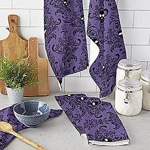 LOVE HOME DAY Halloween Skull Damask Kitchen Towel Set of 1, Horror Black Flowers Texture Hand Towels Absorbent Microfiber Dish Cloth Purple Washable Tea Bar Dishcloth Cleaning Cloths