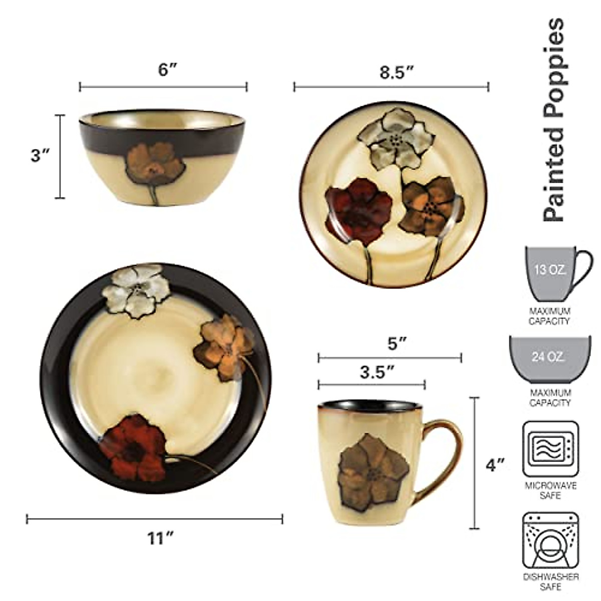 Pfaltzgraff Painted Poppies 16-Piece Stoneware Dinnerware Set, Service for 4, Tan/Assorted -