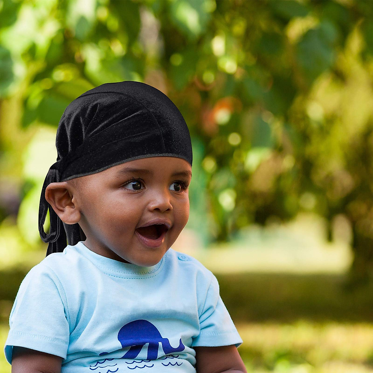 2 Pieces Velvet Baby Durags Kids Durag Caps 360 Wave Wide Strap Headwraps Long Tail Turban Beanies for Boys Girls (Black, Royal Blue)