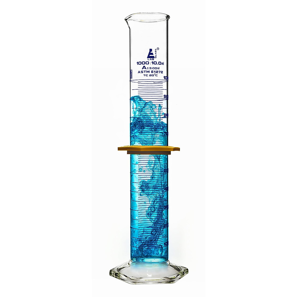 EISCO Graduated Cylinder, 1000mL - ASTM, Class A Tolerance ±3.00mL - Protective Collar, Hexagonal Base - Blue Graduations - Borosilicate 3.3 Glass