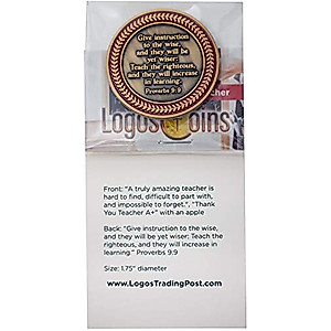 Teacher Appreciation Coin, Thank You Teacher Gift, Pass Along Pocket Token of Gratitude for Teachers and Educators, Antique Gold-Color Plated Proverbs 9:9 Challenge Coin