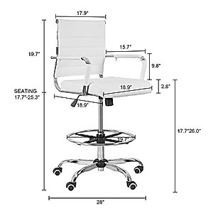 LUCKWIND Drafting Chair Tall Office Chair Ribbed - Mid-Back PU Leather Standing Desk Stool with Adjustable Foot Ring Padded Armrests Tilt-Tension Rocker Lumbar Support Swivel Rolling 400lbs, White