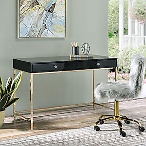 Daesar Computer Writing Desk with Two Drawer, Black High Gloss & Gold Finish