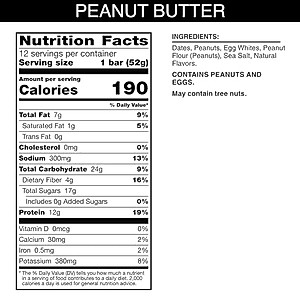 RXBAR Protein Bars, 12g Protein, Gluten Free Snacks, Snack Bars, Peanut Butter, 22oz Box (12 Bars)