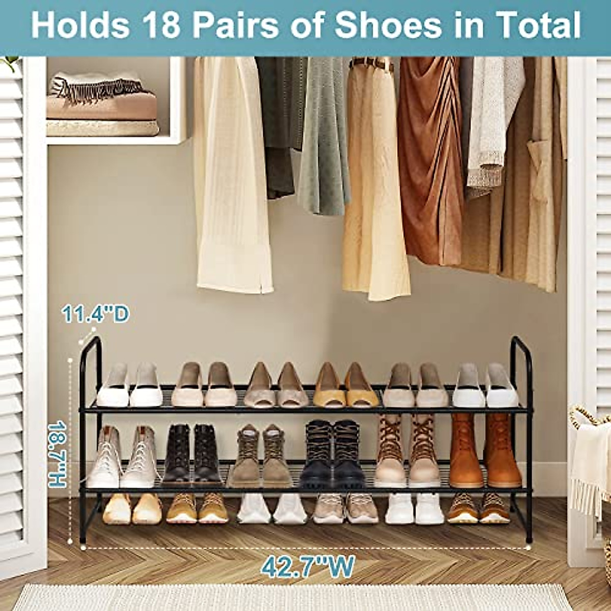 AOODA Long 2 Tier Shoe Rack for Closet Metal Wide Stackable Shoe Storage Organizer for Entryway, Bedroom, Floor, 18-Pairs Low Shoe Shelf, Black
