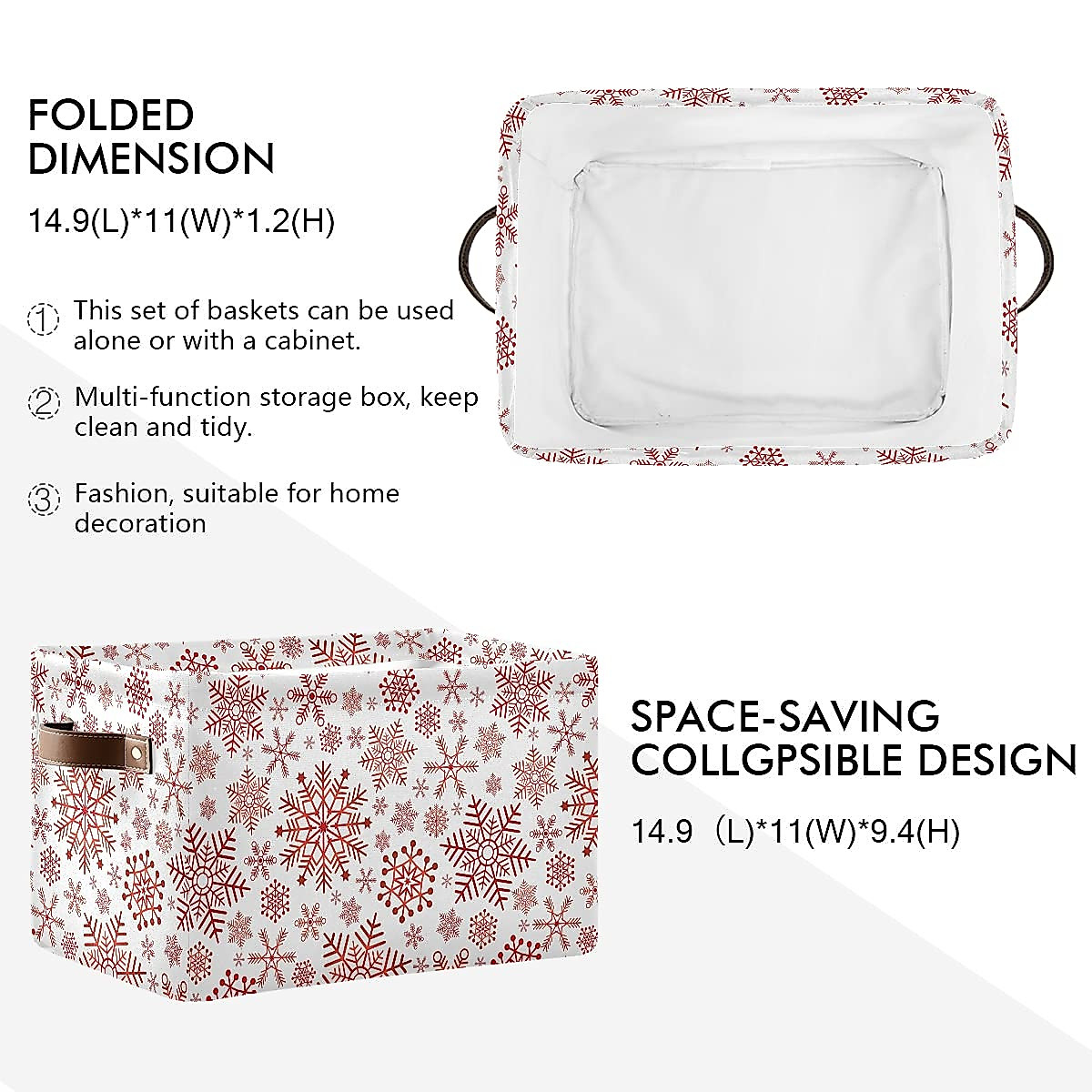 senya Christmas Basket, Large Foldable Storage Basket with Handles Christmas Snowflakes Fabric Collapsible Storage Bins Organizer Bag