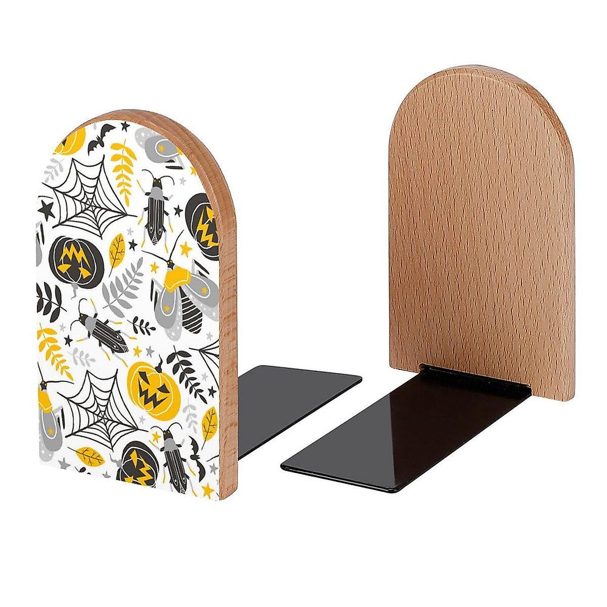 Halloween Black Pumpkin Yellow Autumn Book Ends Decorative Wood Bookends for Shelves Kids Room Desk Home Office Book Stoppers for Magazines,Books, DVDs, 1 Pair/2 Pieces(5x3.1 in)