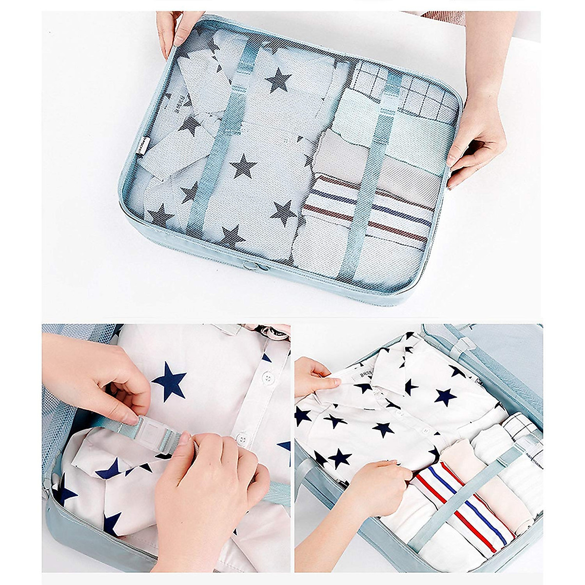 Lightweight 6 Pcs Packing Cubes System, Travel Storage Packing Organizers Laundry Bags Compression Pouches for Luggage (Upgraded Blue)