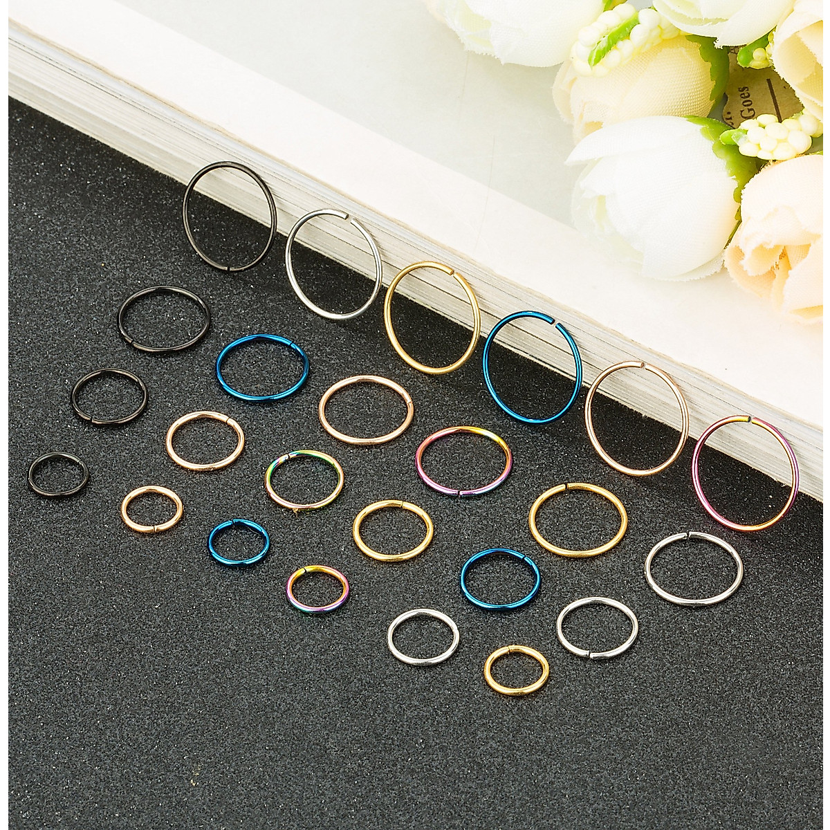 REVOLIA 24Pcs 22G 316L Stainless Steel Nose Rings Hoop Cartilage Ear Septum Piercings 6-12mm