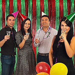 Sumind 3 Pack Metallic Tinsel Curtains, Foil Fringe Shimmer Curtain Door Window Decoration for Birthday Wedding Party (Red with Green)