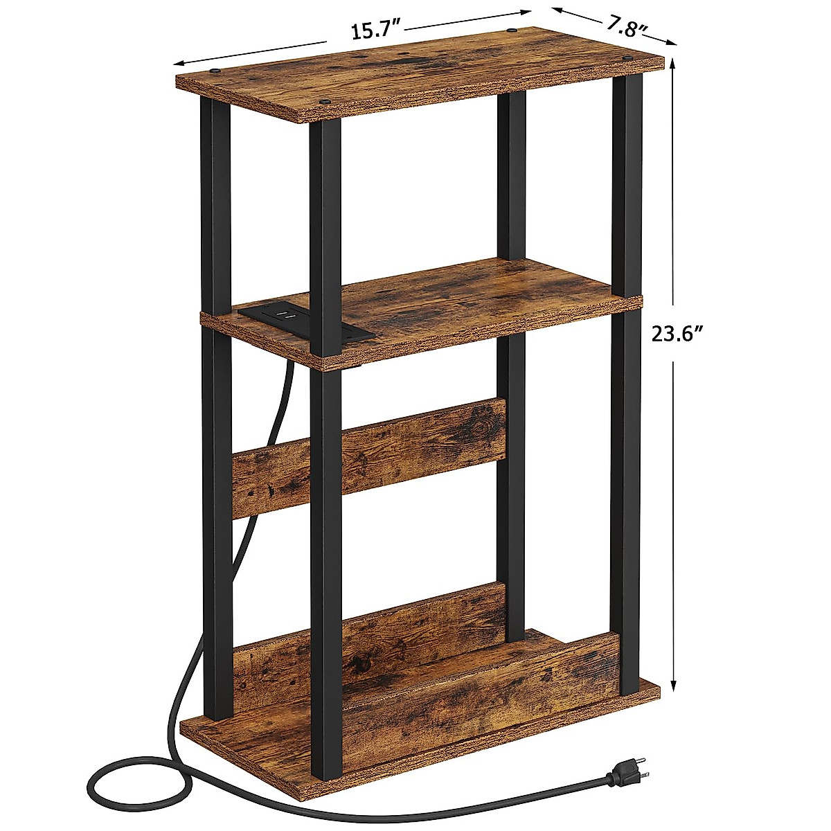 VIMBER 2-Set of 7.8" Narrow Side Table for Small Spaces, Skinny End Table with Charging Station, Sofa Beside Table with Storage Shelf, Slim Nightstand with USB Ports Outlet, Rustic and Brown