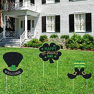 3 Pieces St. Patrick's Day Yard Signs with Stakes, St. Patrick's Day Clover Signs Outdoor Lawn Decorations Irish Leprechaun Horseshoe Shamrock with Happy St Patrick's Day Sign with Stakes