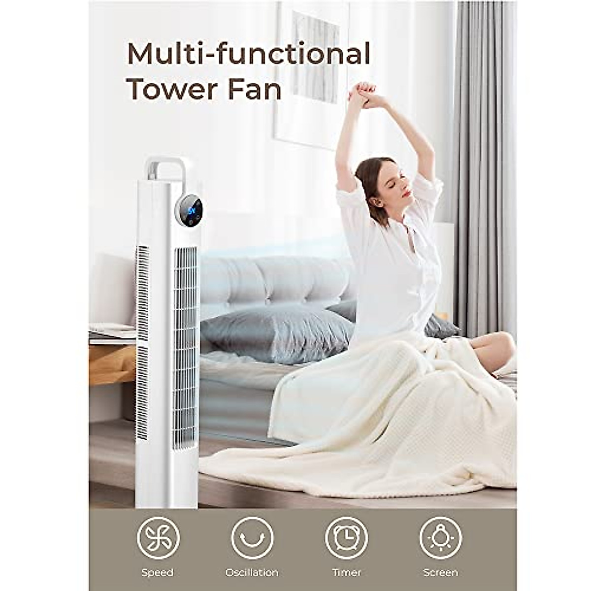 Uthfy Tower Fan with Remote Control, Oscillating Bladeless Fan, 43 Inch, Quiet 3 Speeds, Large LED Display,12H Timer, Standing Floor Fans Whole Room Home Office, White, One Size, ATF-014L-2
