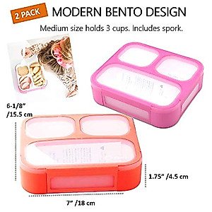 kinsho Bento Box for Kids, Toddler Lunch-Box Snack Container for Small Boys Girls in School Pre-School Daycare, Leakproof 3 Compartment Containers for Snacks, BPA Free. Medium Orange Pink 2 pack