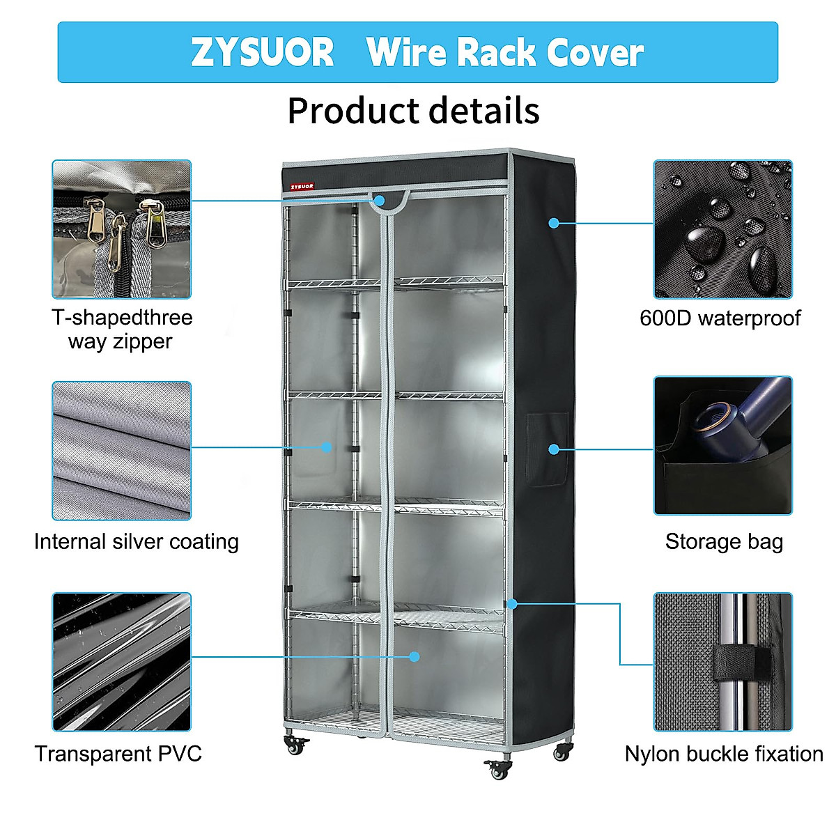 ZYSUOR Shelving Cover Wire Shelf Cover Rack Dust Cover,dustproof, Waterproof, Sunscreen, Front Transparent Panel Design for Easy Viewing, Suitable for 36" Wx18 Dx54 H (Cover only)