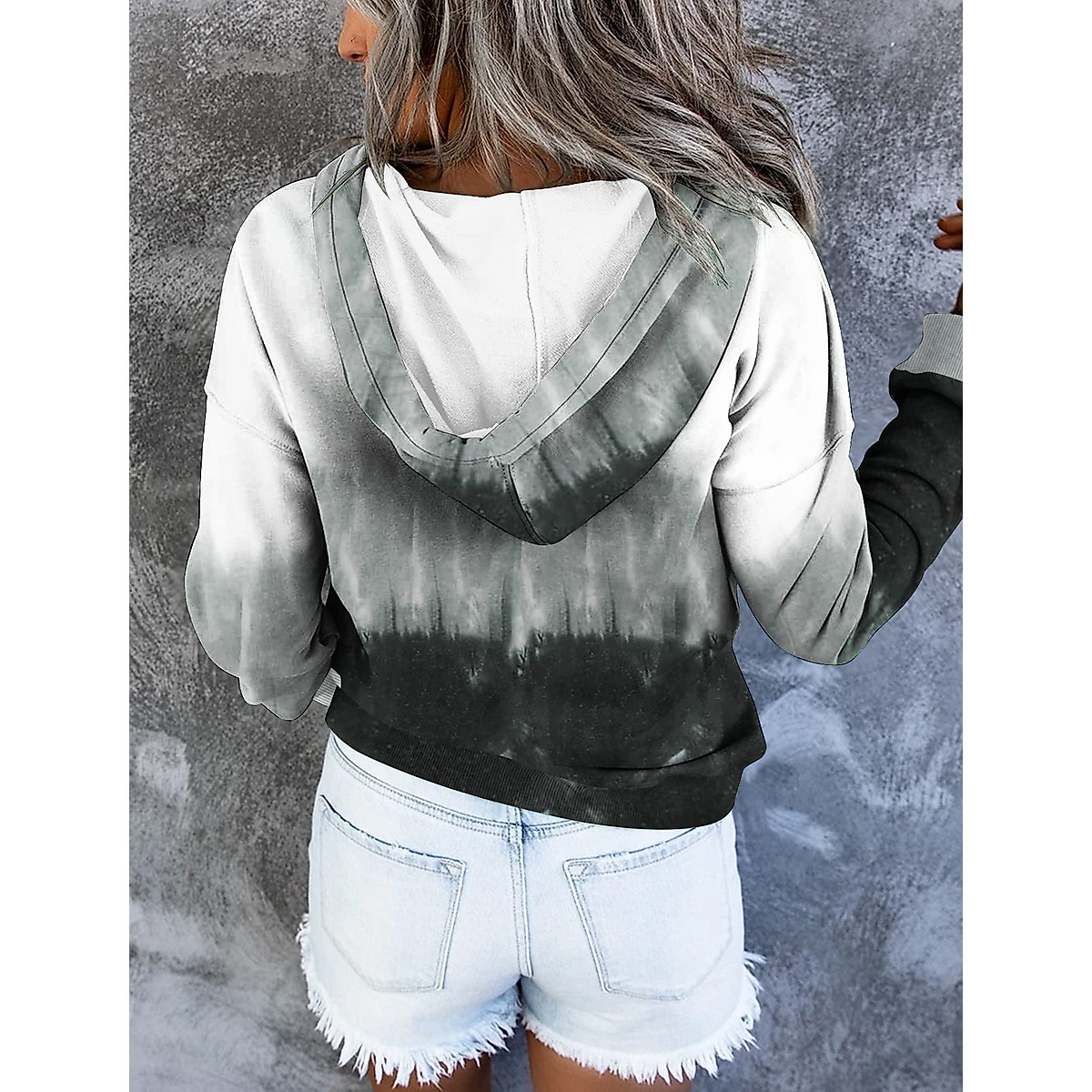 FARORO Hoodies for Women Pullover Tie Dye Gradient Sweatshirts Loungewear Long Sleeve Sports Top Workout with Buttons Grey