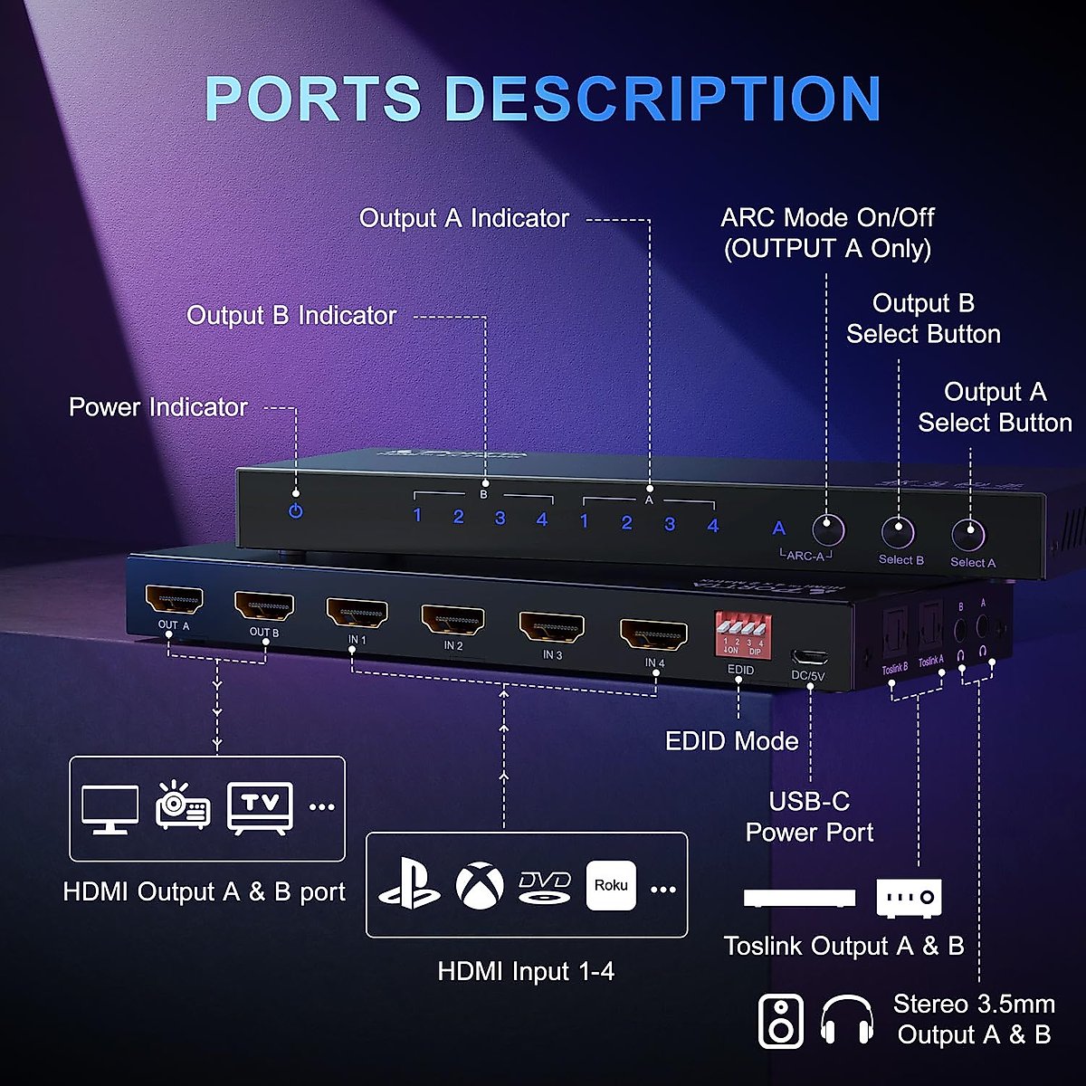 4K 60Hz HDMI Matrix 4x2, PORTTA 4 in 2 Out Switch Splitter with Toslink 3.5mm Audio Extractor, ARC, 16 EDID Modes, 4K Downscale, and IR Remote Support HDMI 2.0b HDCP 2.3/2.2 HDR 3D