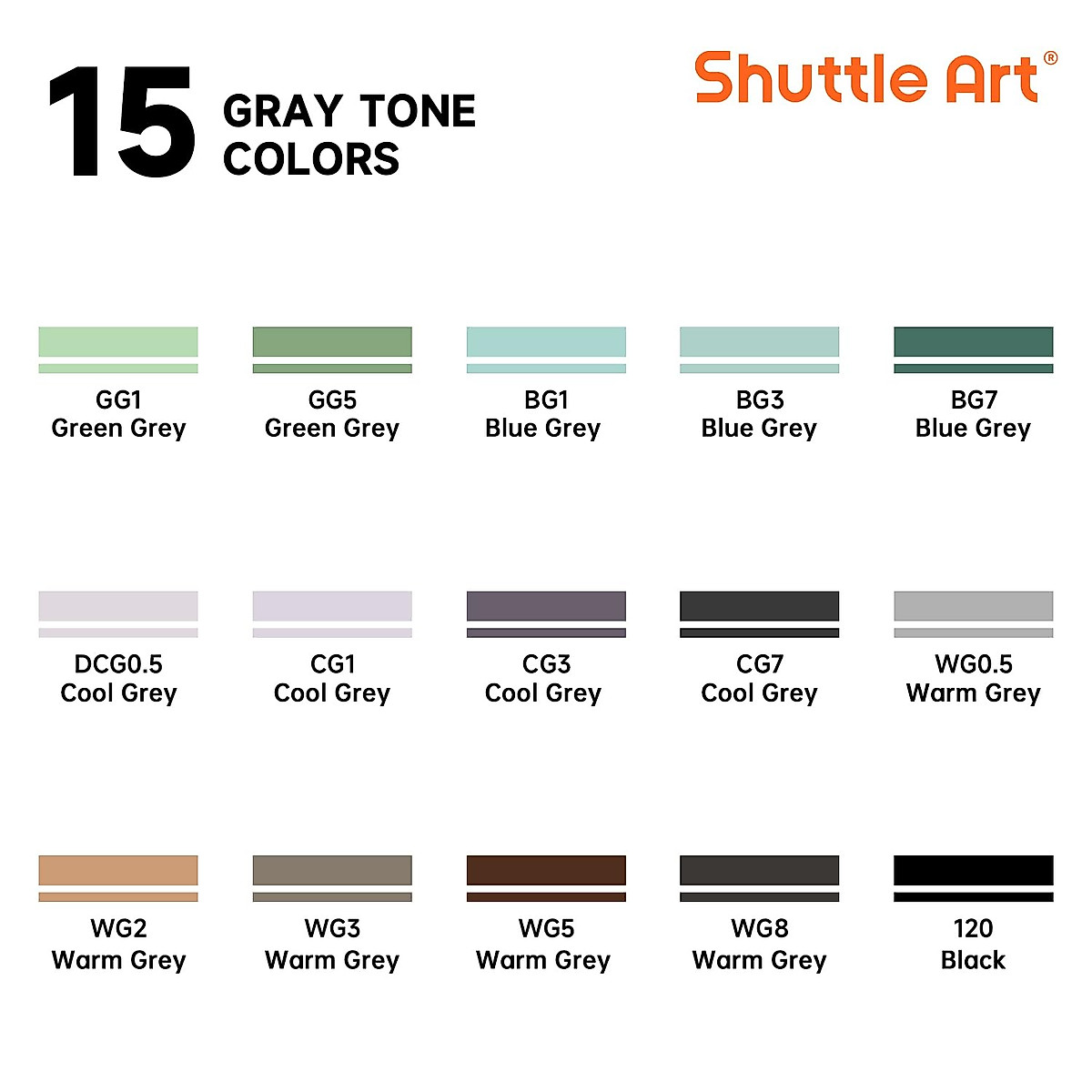Shuttle Art 15 Colors Grey Tones Dual Tip Art Marker, Permanent Marker Pens Double Ended with Fine Bullet and Chisel Point Tips Perfect for Drawing,Shading,Sketching,Designing,Outlining,Illustrating