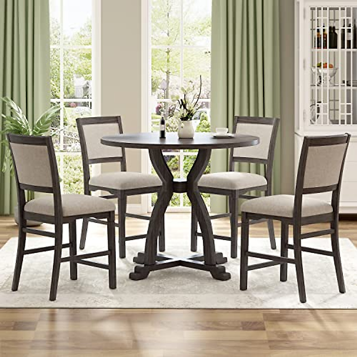 Merax Dining Table Set for 4, Round Solid Wood, with Trestle Legs, High-Back Upholstered Chairs and Stable & Elegant Design, 5 Piece, 42" x 42", Grey